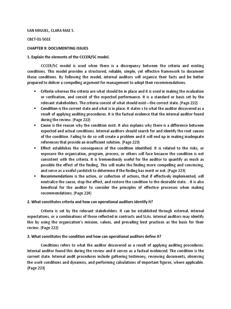 Chapter 9: Documenting Issues 1. Explain The Elements of The CCCER/5C ...