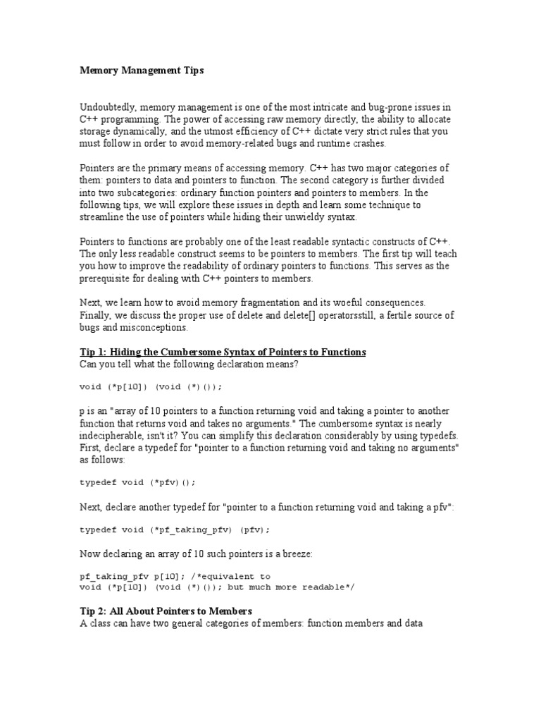 Memory Management Tips | PDF | Pointer (Computer Programming) | Subroutine Memory Management Tips | PDF | Pointer (Computer Programming) | Subroutine