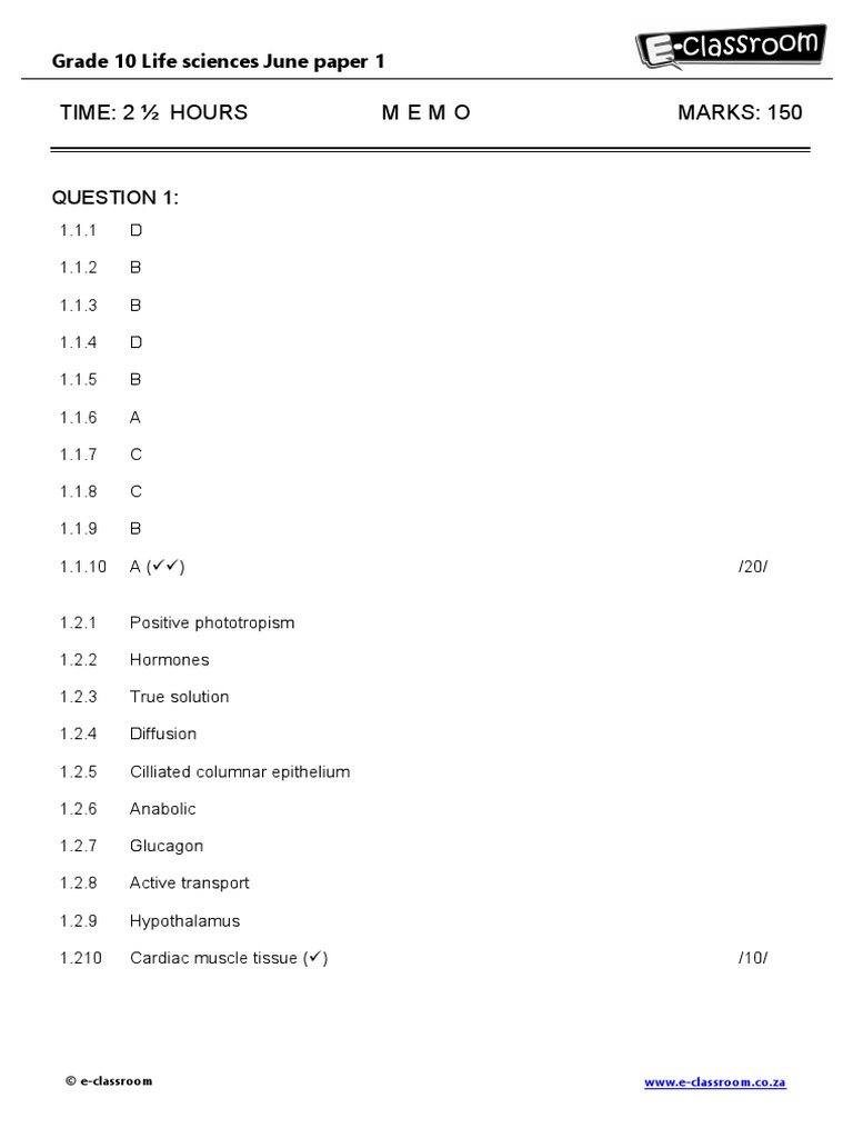 Grade 10 - Life Science - June Paper 1 - Memo | PDF | Polysaccharide ...