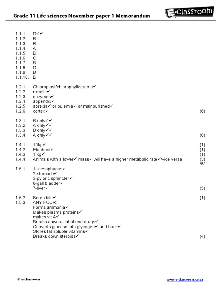 Grade 11 - Life Science - November Paper 1 - Memo | PDF | Adenosine ...
