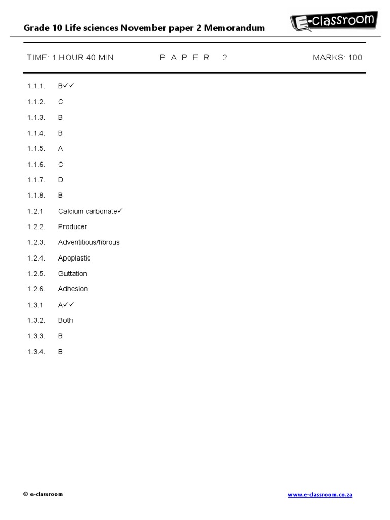 Grade 10 - Life Science - November Paper 2-2 - Memo | Download Free PDF ...