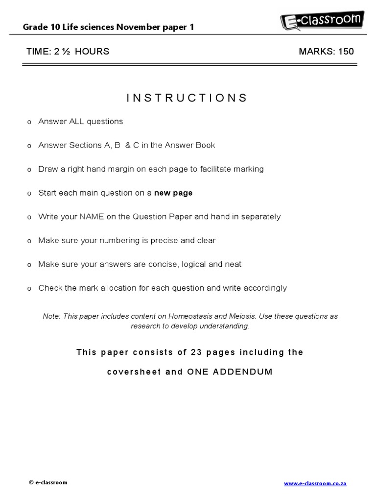 Grade 10 - Life Science - November Paper 1 | PDF | Capillary | Blood Vessel