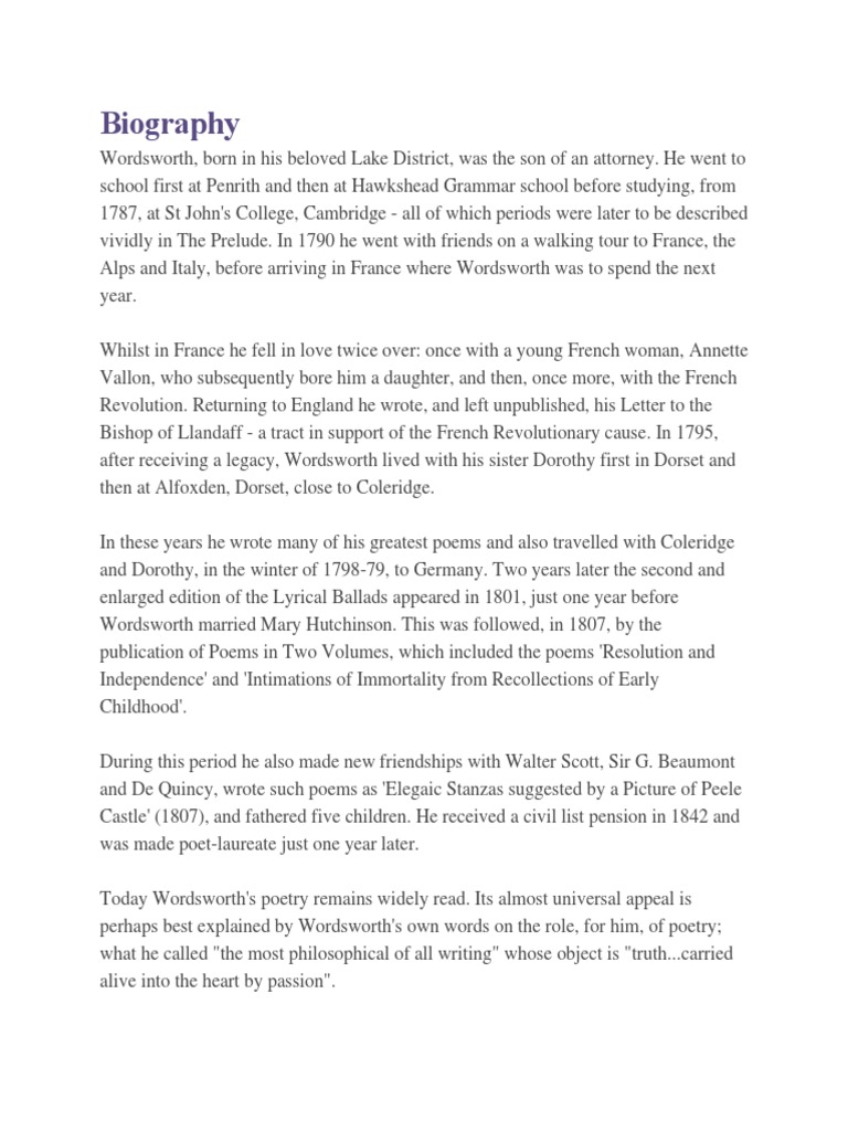 William Wordsworth: A Brief Biography | PDF