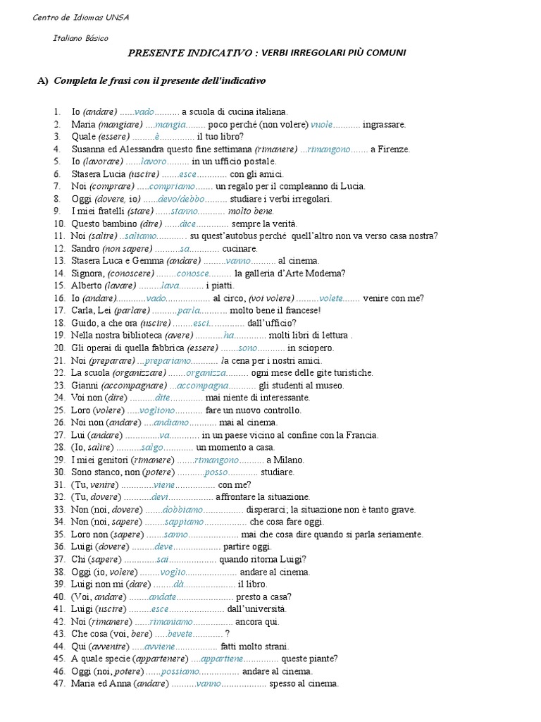 Ficha 8 Esercizi Verbi Irregolari Presente Indicativo | PDF