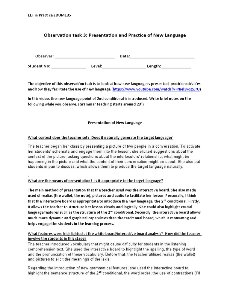 Observation Task 3: Presentation and Practice of New Language | PDF | Fluency | Question