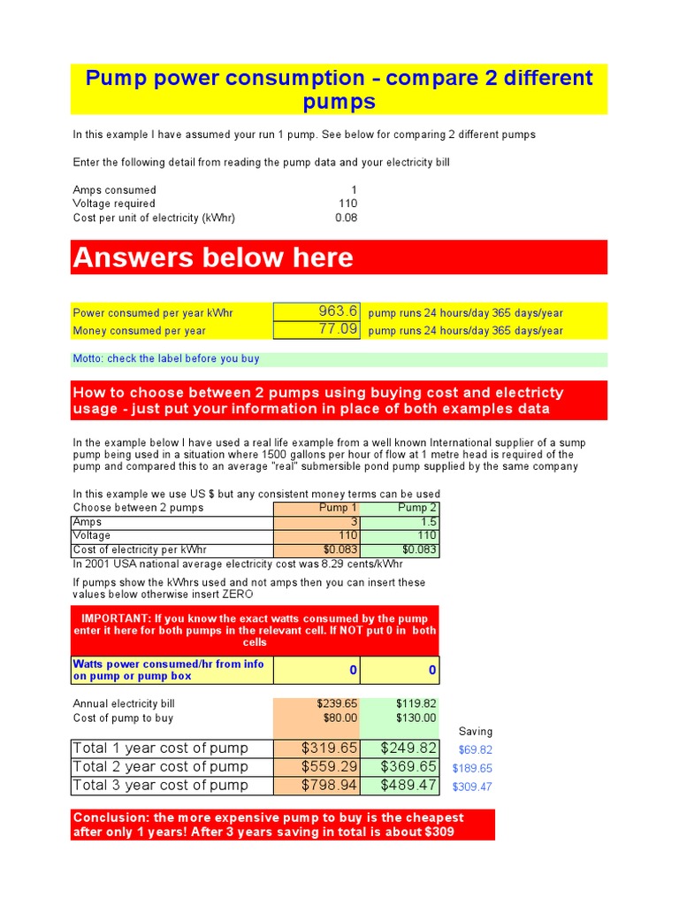 Answers Below Here: Pump Power Consumption - Compare 2 Different Pumps ...