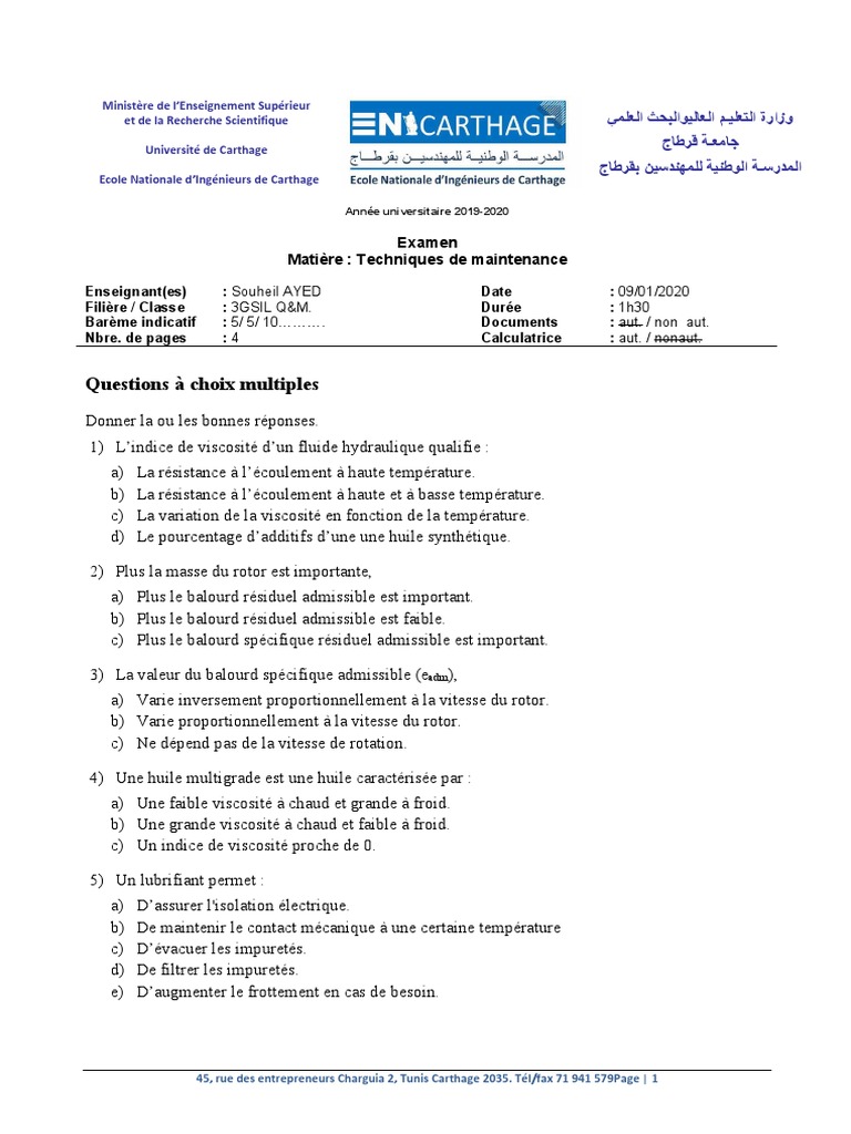 Examen Technique de Maintenance Janvier 2020 | PDF | Rotation | Viscosité