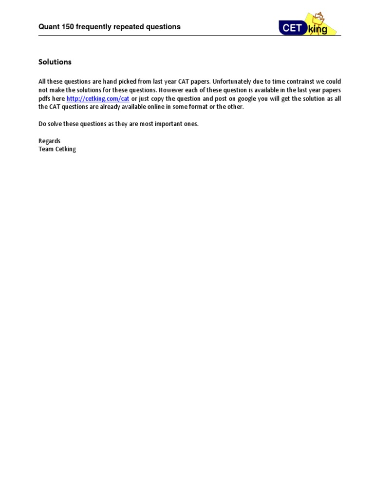 Solutions Quant 150 Frequently Repeated Questions PDF | PDF