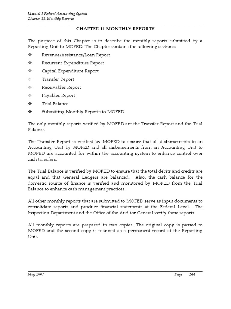 Manual 3 Federal Accounting System Chapter 11. Monthly Reports | PDF ...