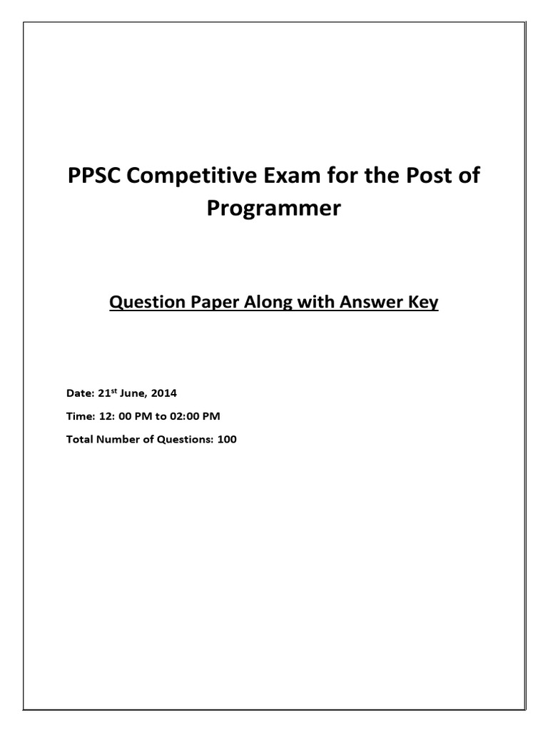 PPSC Competitive Exam For The Post of Programmer: Question Paper Along With Answer Key | PDF ...