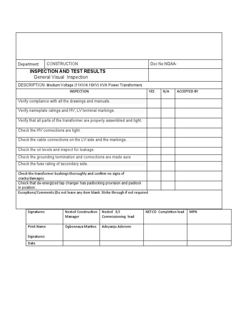 General Visual Checks For KVA Transformers... | PDF