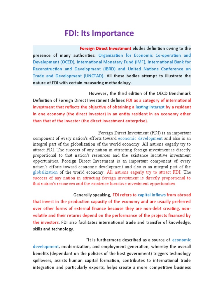 FDI: Its Importance: Foreign Direct Investment | PDF | Foreign Direct ...