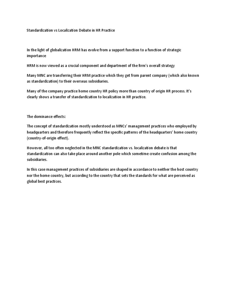 Standardization vs Localization in HRM | PDF