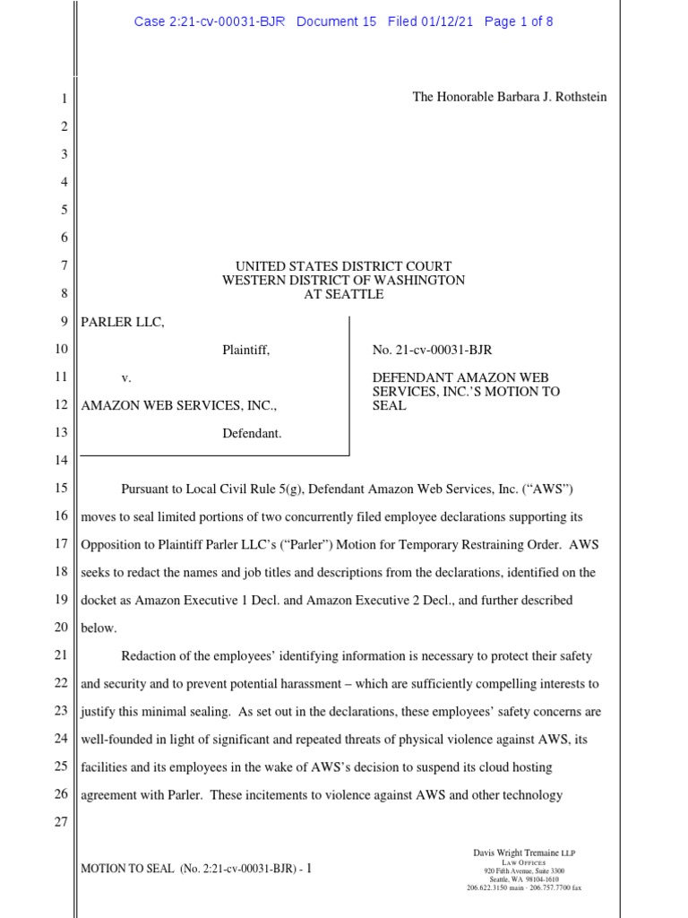 Amazon Motion To Seal | PDF | Amazon Web Services | Justice