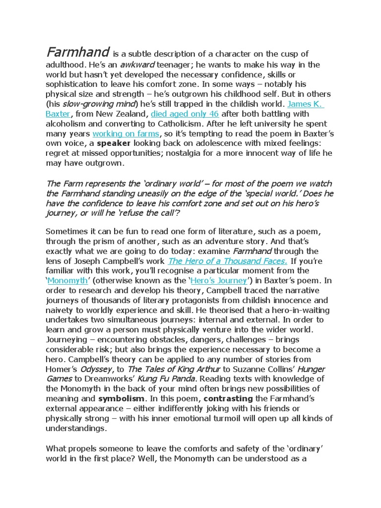 The Hero's Journey in James K. Baxter's poem "Farmhand | PDF | Hero ...