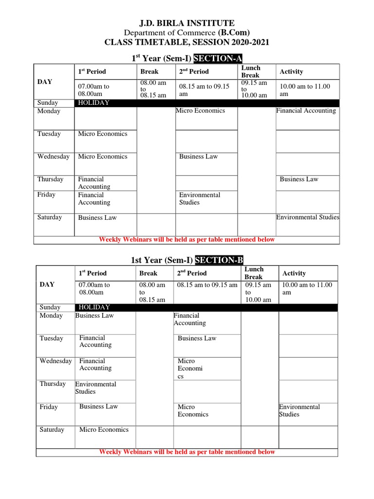 J.D. Birla Institute Class Timetable, Session 2020-2021 1 Year (Sem-I ...