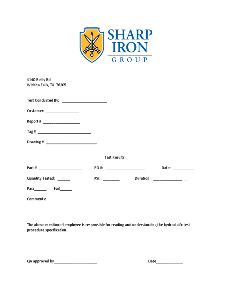 Hydrostatic Test Form For Low Pressure Vessels | PDF