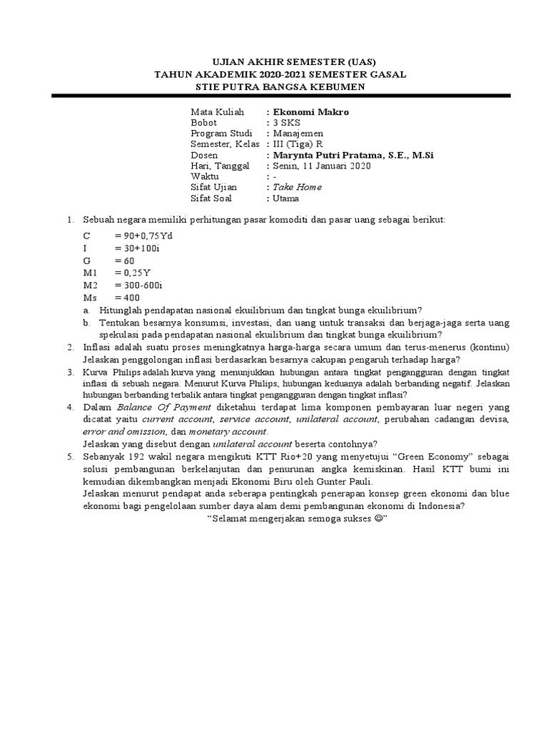 Soal UAS Gasal 2020-2021 Ekonomi Makro | PDF