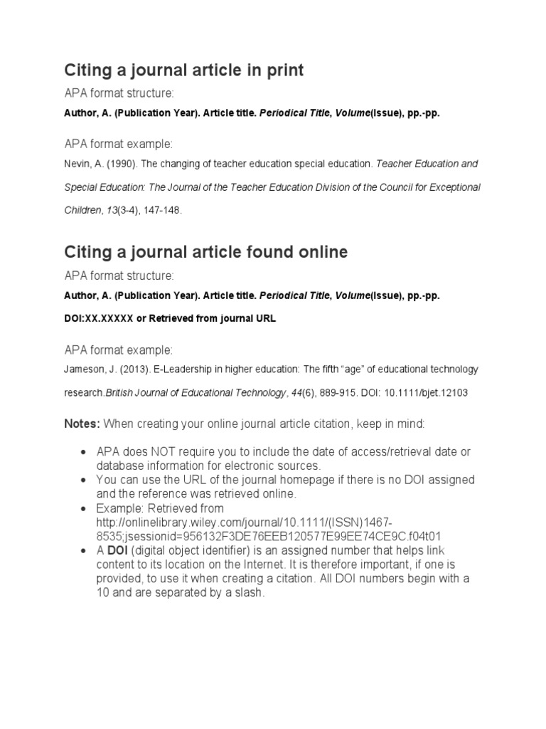 Citing A Journal Article in Print: Author, A. (Publication Year ...