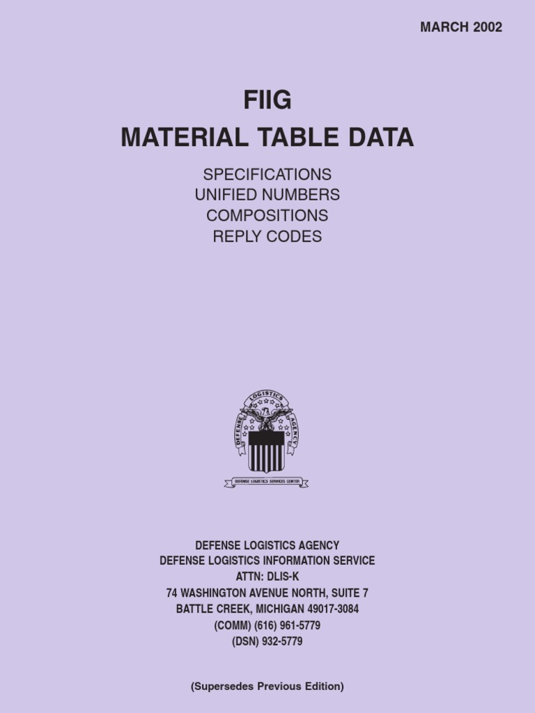 Fiig Material Table Data: Specifications Unified Numbers Compositions ...
