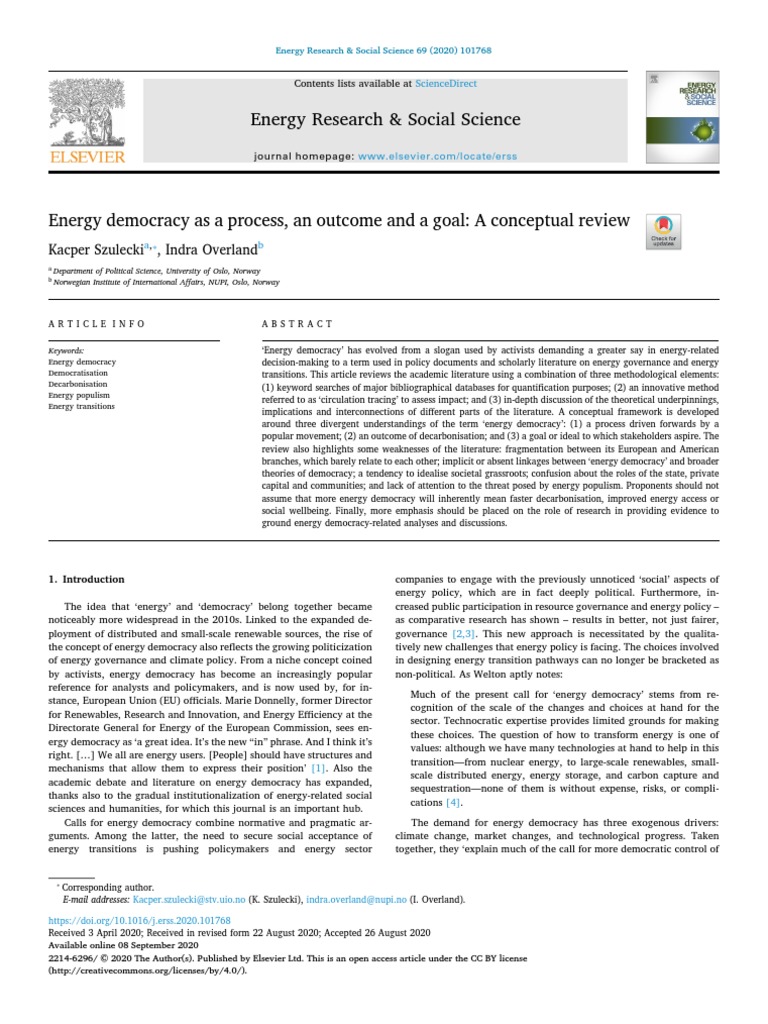 Energy Democracy As A Process, An Outcome and A Goal: A Conceptual ...