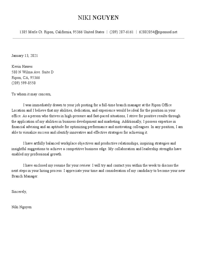 Branch Manager Application Letter | PDF | Career & Growth