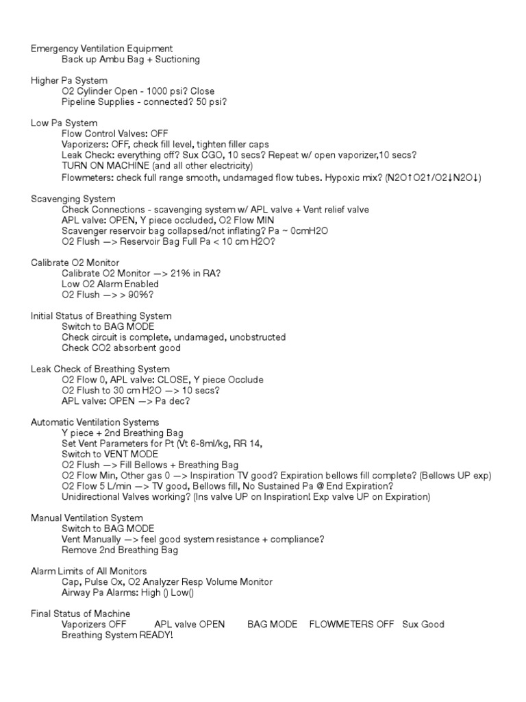 Steps of FDA Anesthesia Machine Check Out | PDF | Valve | Carburetor