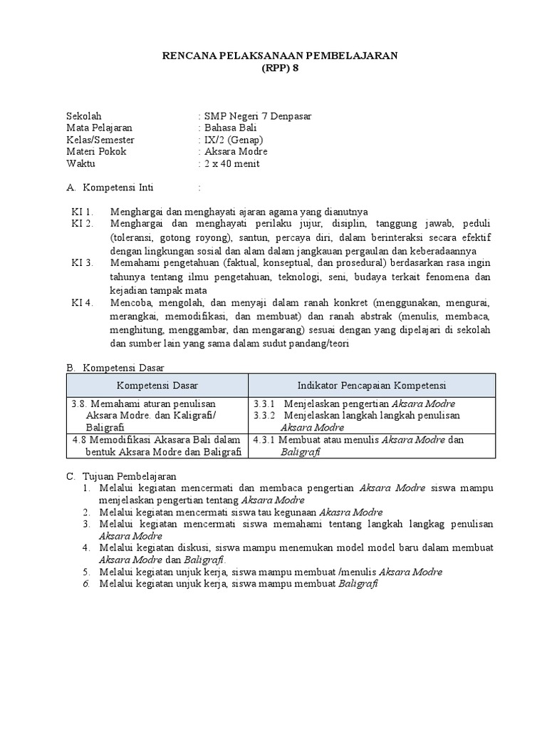 RPP Aksara Modre untuk SMP Denpasar | PDF