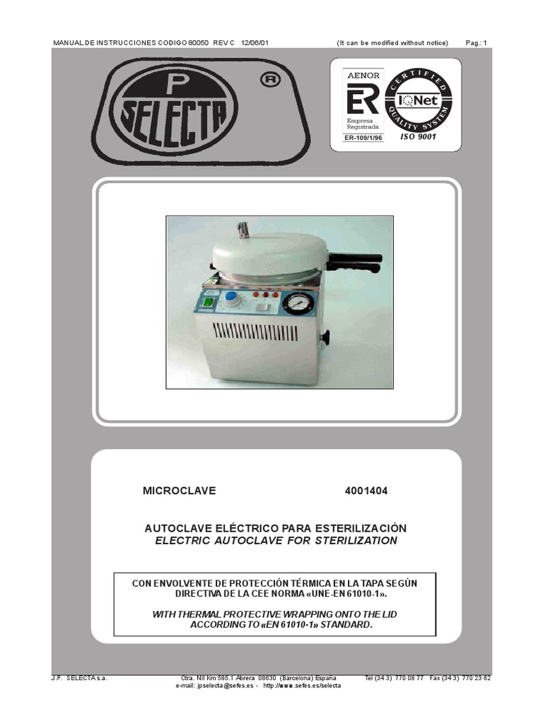 Autoclave Selecta 4001404 PDF | PDF | Bienes manufacturados | Equipo