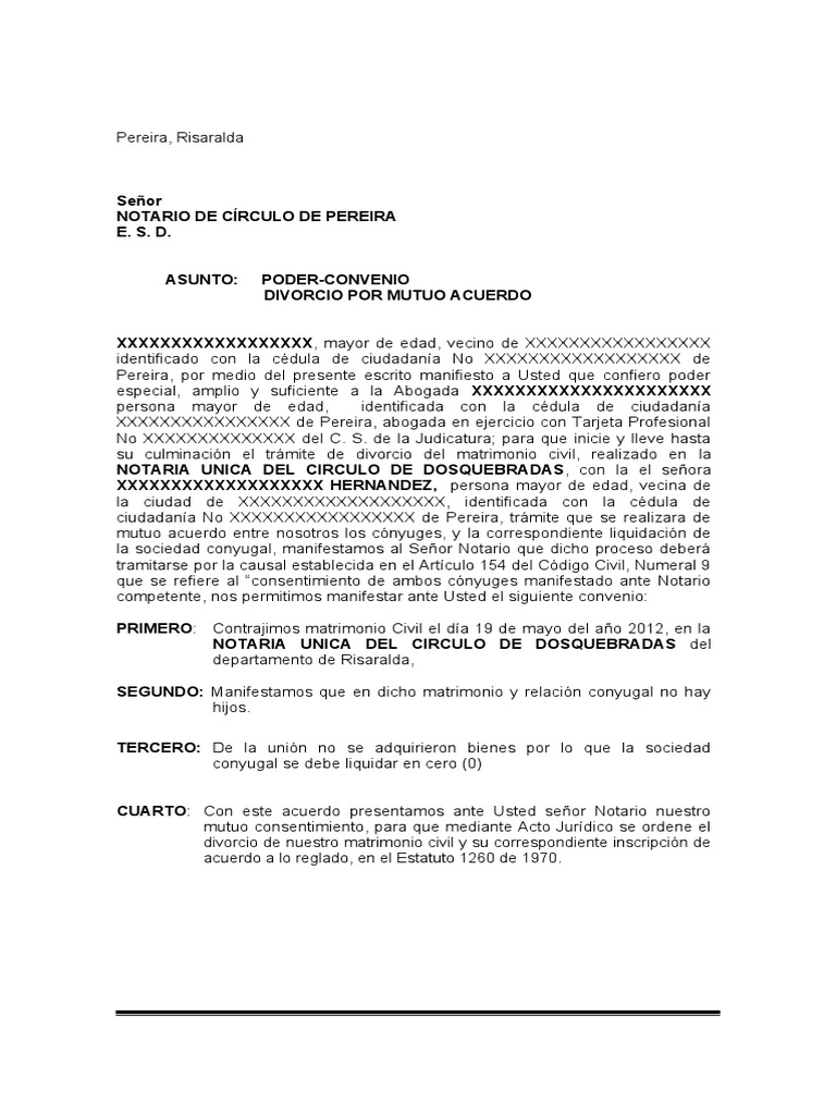 Poder Divorcio Mutuo Acuerdo | Descargar gratis PDF | Divorcio | Matrimonio
