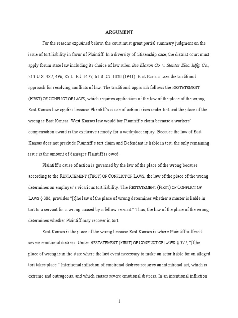 Argument Section of Motion For Summary Judgment | PDF | Intentional ...