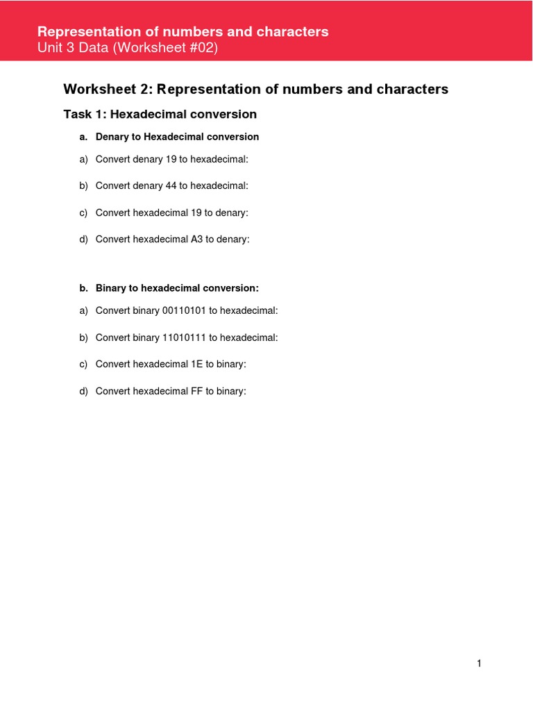 Data Worksheet 2 Representation of Numbers and Characters | PDF | Ascii | Decimal