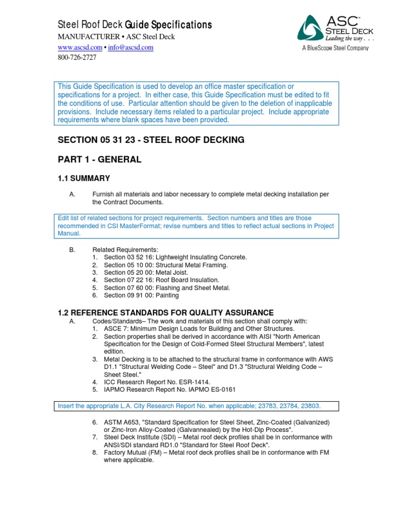Roof Deck Guide Specs | PDF | Sheet Metal | Specification (Technical ...