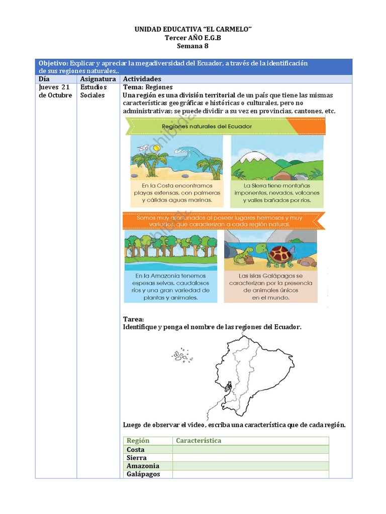Actividades sobre Regiones del Ecuador | PDF
