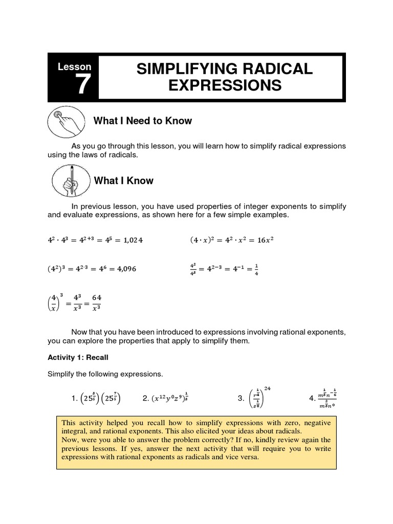Math9 Q2 W7 SimplifyingRadicalExpressions v2 | PDF | Exponentiation ...