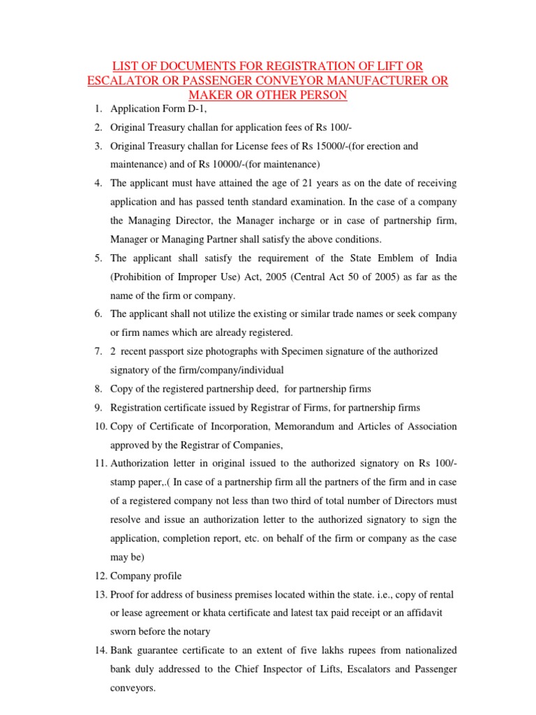 List of Documents For Registration of Lift or Escalator or Passenger ...