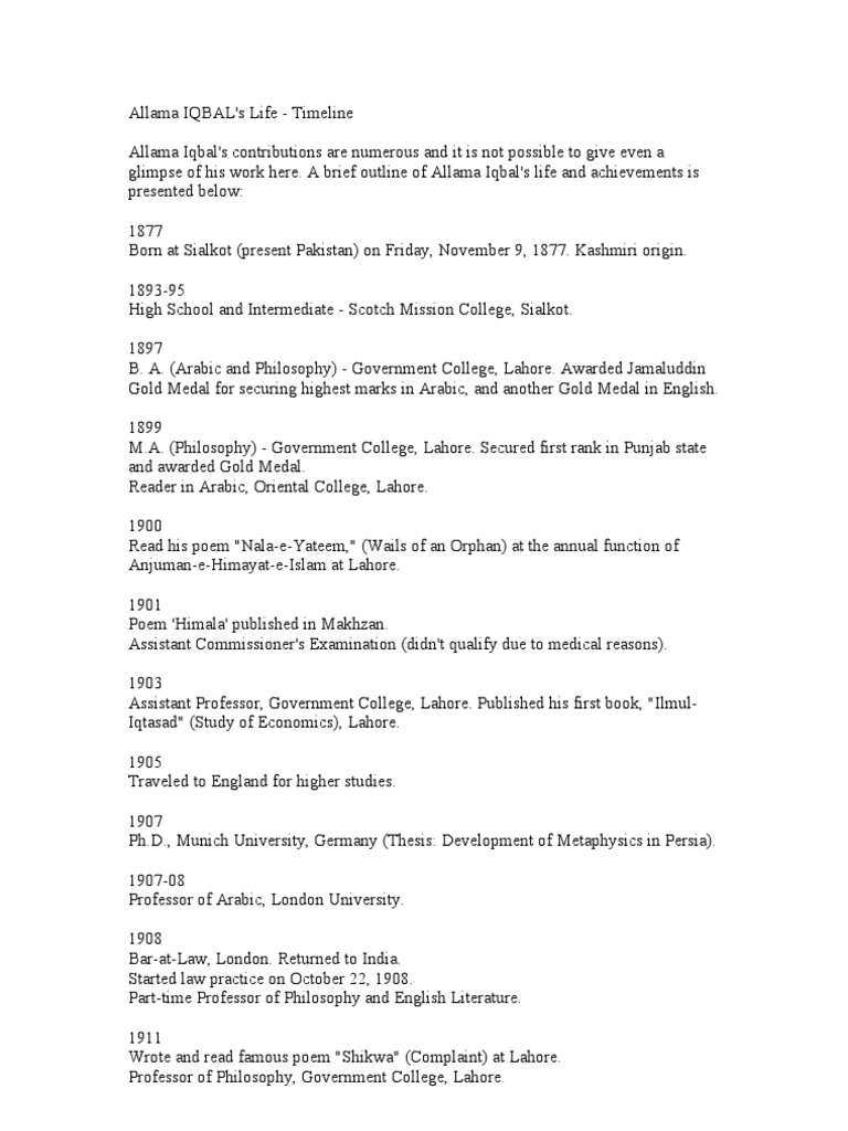 Allama Iqbal Time-Line | PDF | Religion And Belief