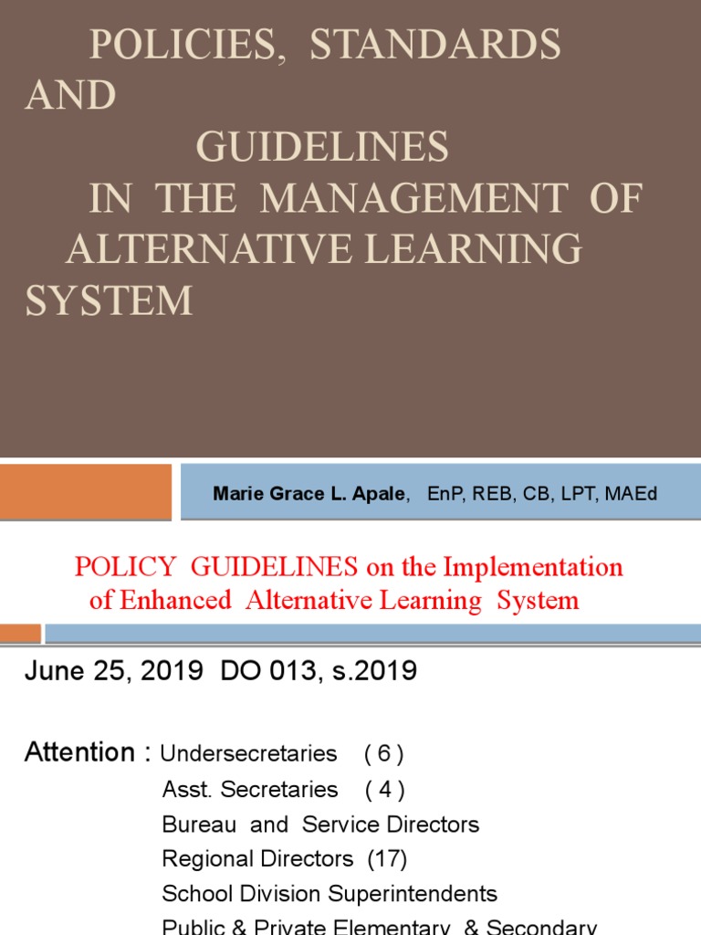 Policies, Standards AND Guidelines in The Management of Alternative Learning System | PDF ...