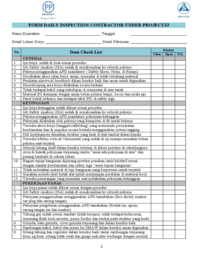 Formulir Inspeksi Harian Kontraktor | PDF