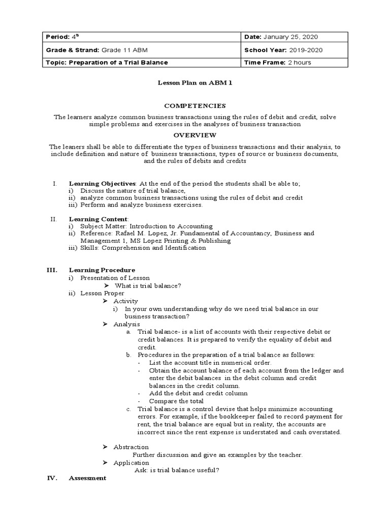 ABM Grade 11: Trial Balance Lesson Plan | PDF | Debits And Credits ...