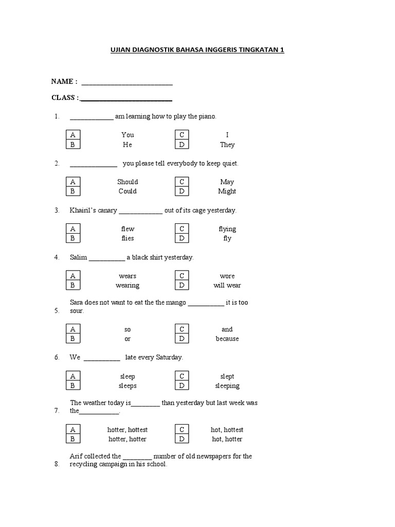 Ujian Diagnostik Bahasa Inggeris Tingkatan 1: NAME: - CLASS | PDF ...