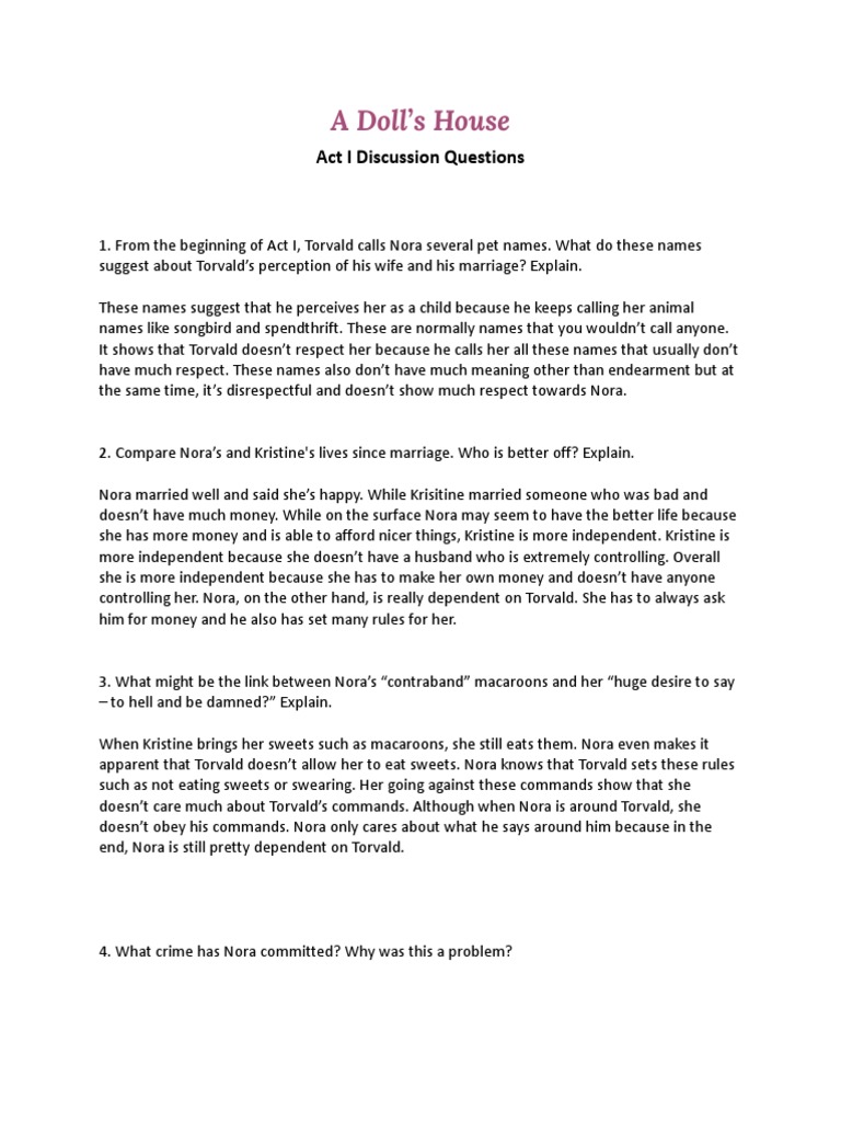 A Doll's House: Act I Discussion Questions | PDF | A Doll's House