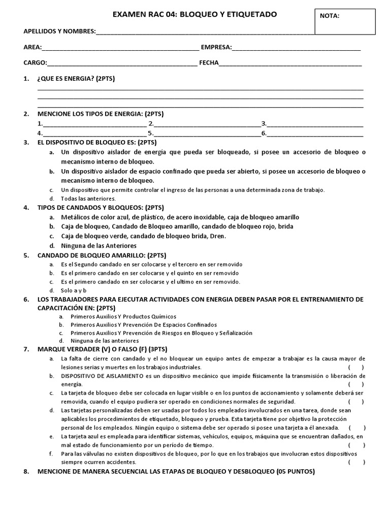 Evaluación de RAC 4 - Bloqueo y Etiquetado 2 | PDF | Seguridad ...
