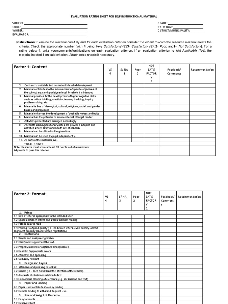 Factor 1: Content: Evaluation Rating Sheet For Self Instructional ...