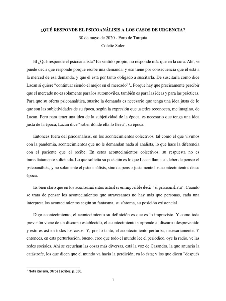 Colette Soler - 30 de Mayo 2020 - Qué Responde El Psicoanálisis A Los ...