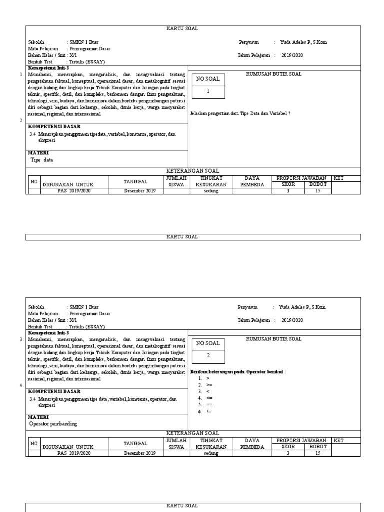Kartu Soal Pemrograman Dasar | PDF