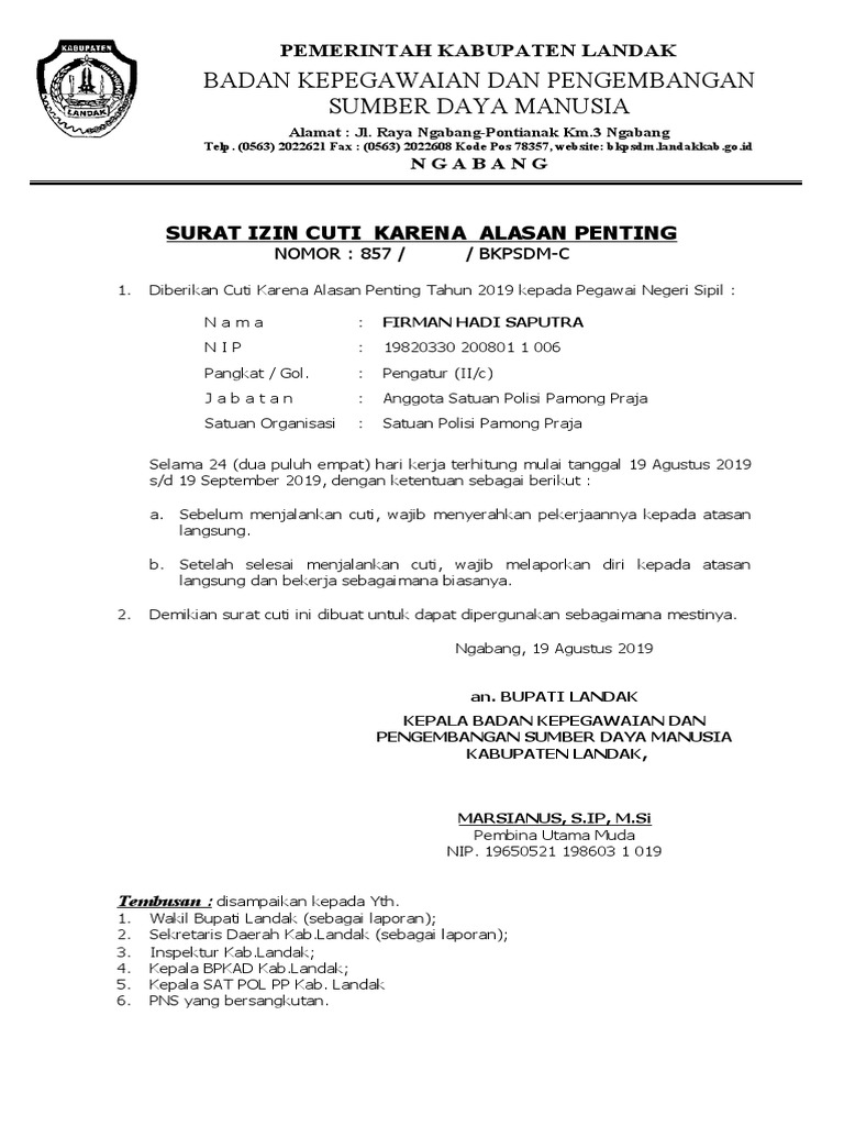Surat Cuti Karena Alasan Penting 2015 | PDF