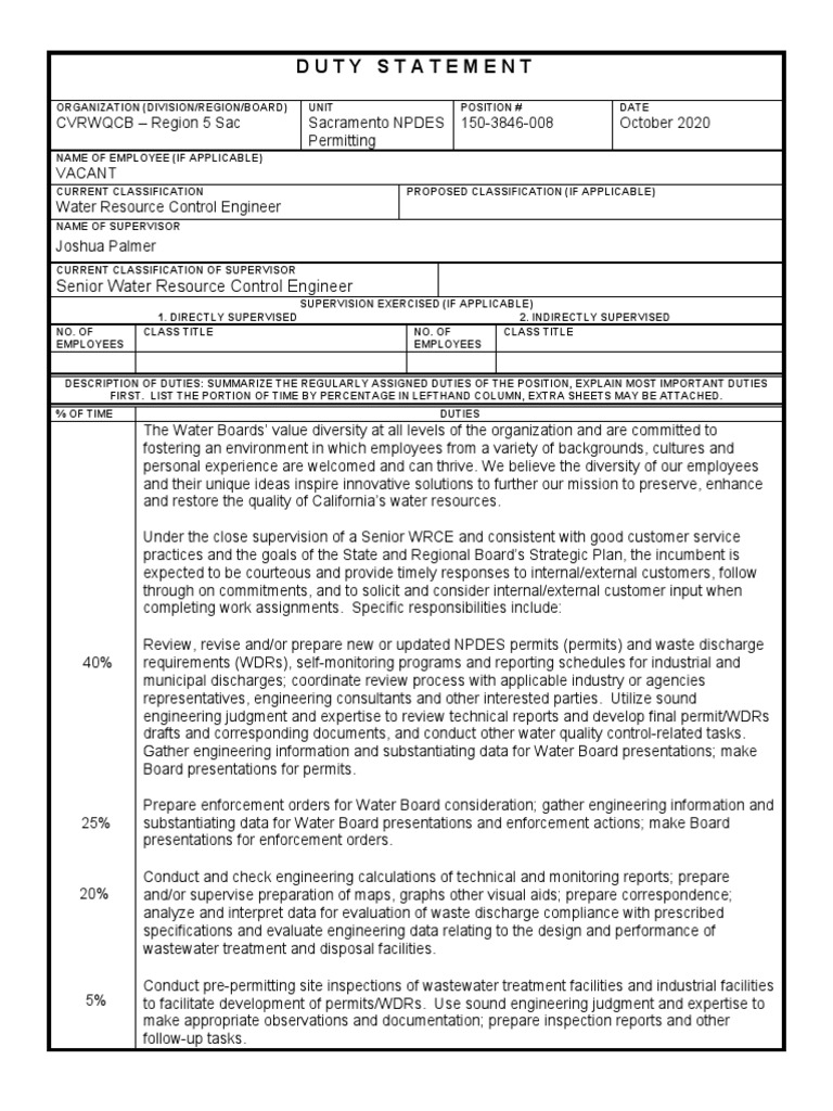 Duty Statement: Senior Water Resource Control Engineer | PDF | Clean ...