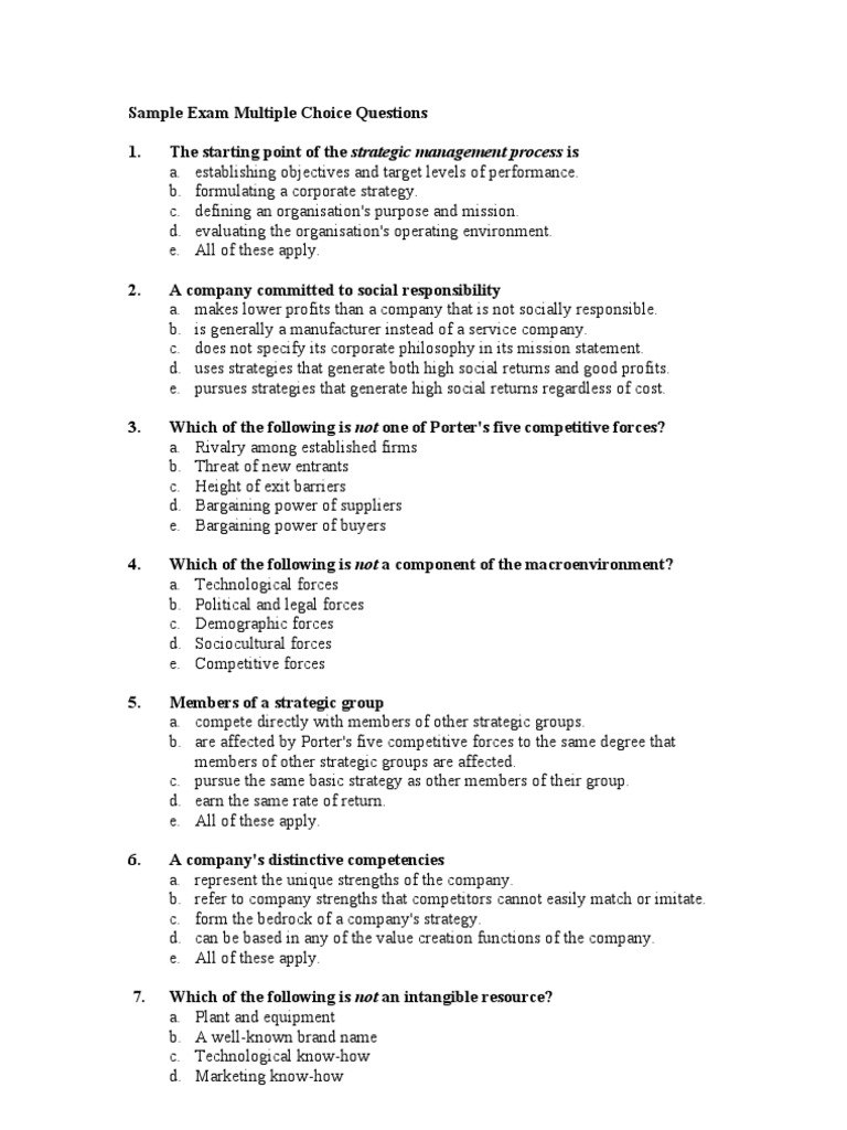 Sample Exam Multiple Choice Questions | PDF | Strategic Management ...