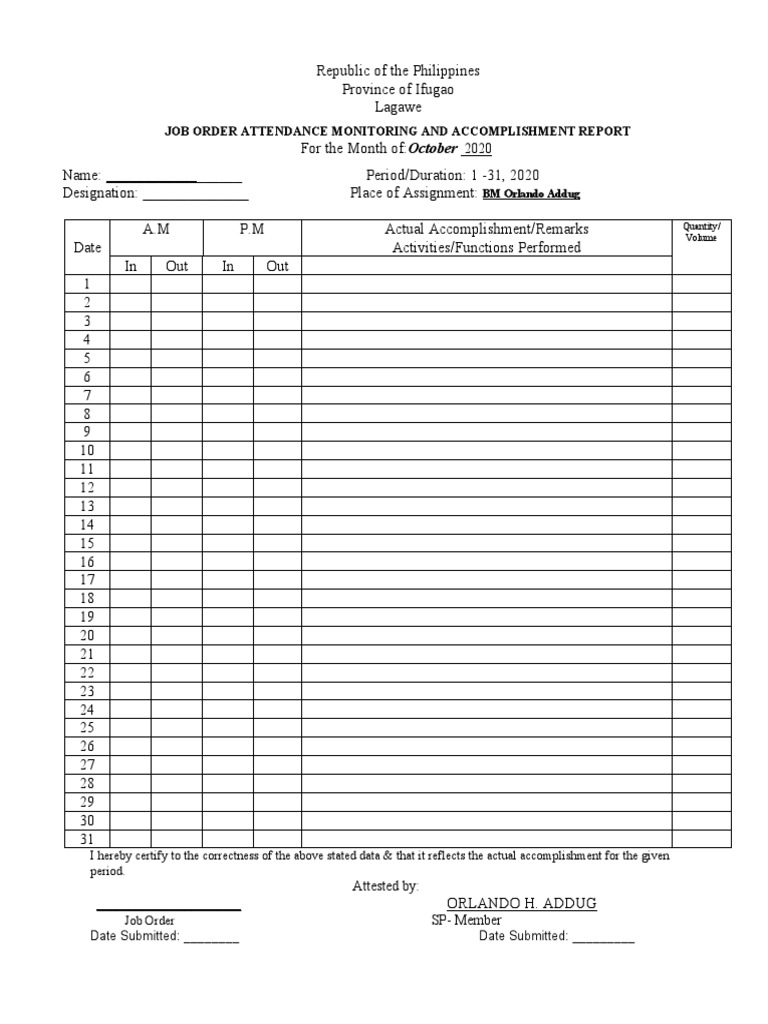 Job Order Attendance Monitoring and Accomplishment Report: BM Orlando ...
